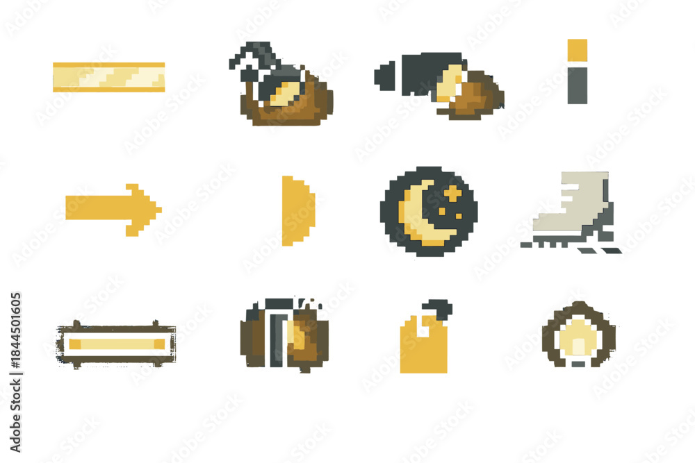 Pixel Art Safety Icons. Dim-Setting Safety Symbols pixel style set ...
