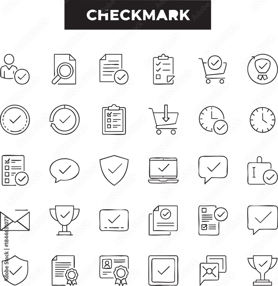 checkmark icon set with black and white line symbols for approval ...
