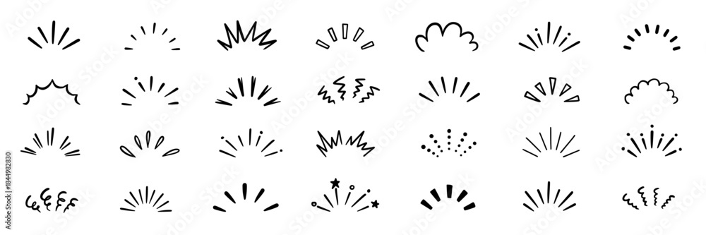 Hand drawn line art bursts with surprise rays and sparkles. Doodle hand ...