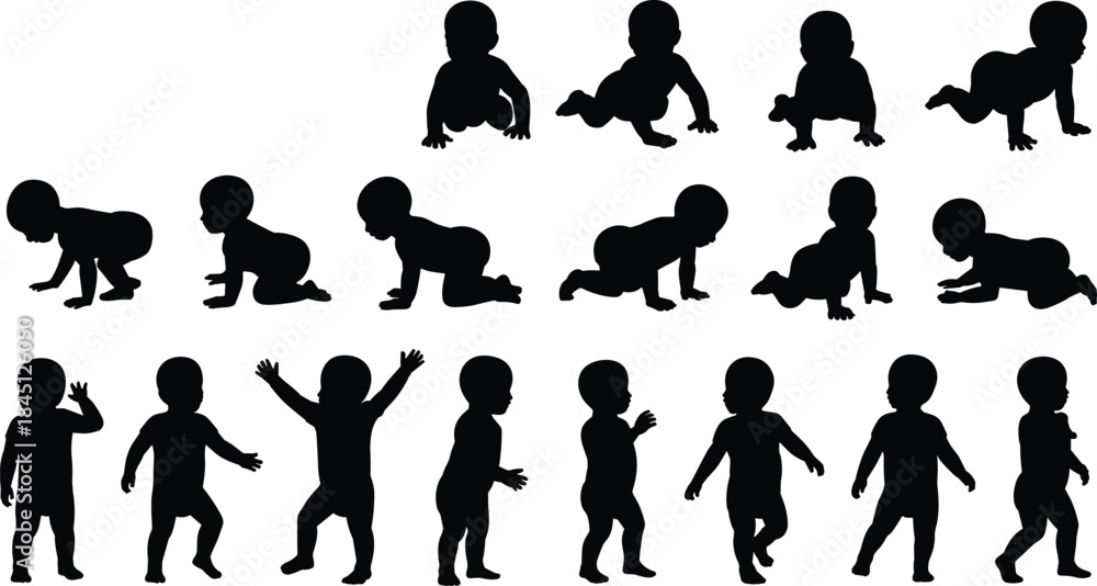 Baby movement silhouettes, crawling, standing, walking, infant ...