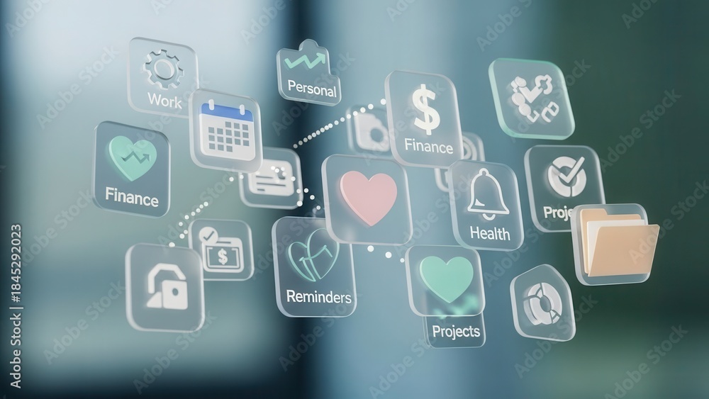 Abstract representation of interconnected digital icons for personal ...