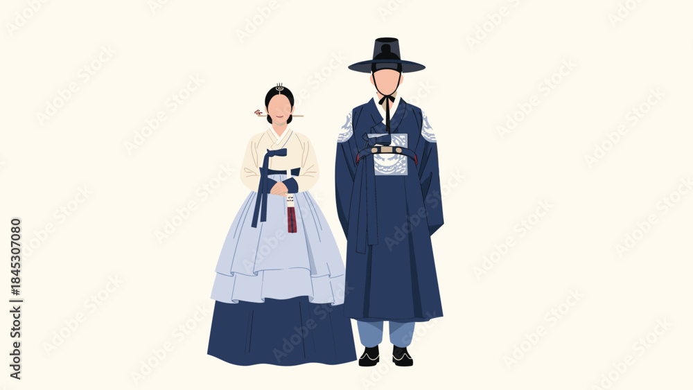 Elegant Korean couple wearing traditional hanbok attire, with the woman ...