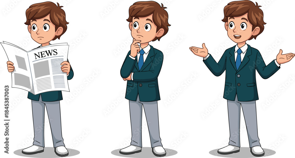 Cartoon boy character in three poses reading newspaper, thinking, and ...