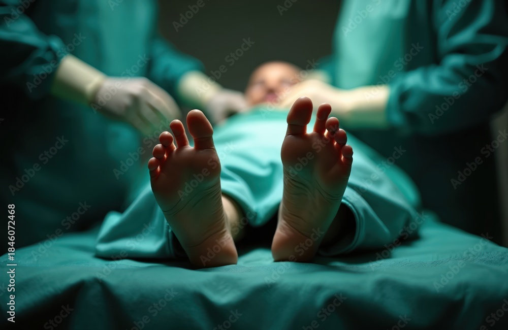 Patient feet visible in operating room. Medical staff in scrubs and ...