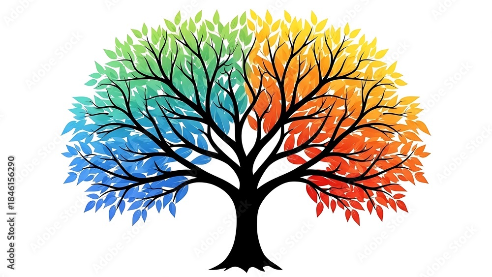 Title: A stylized tree with leaves transitioning through a spectrum of ...