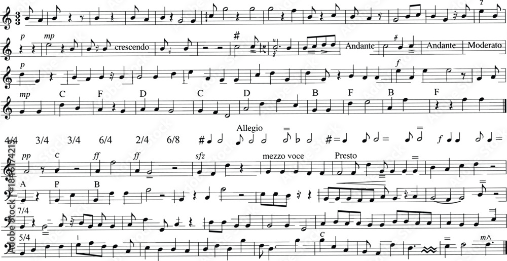 Music notation sheet, musical symbols chart, tempo markings guide ...