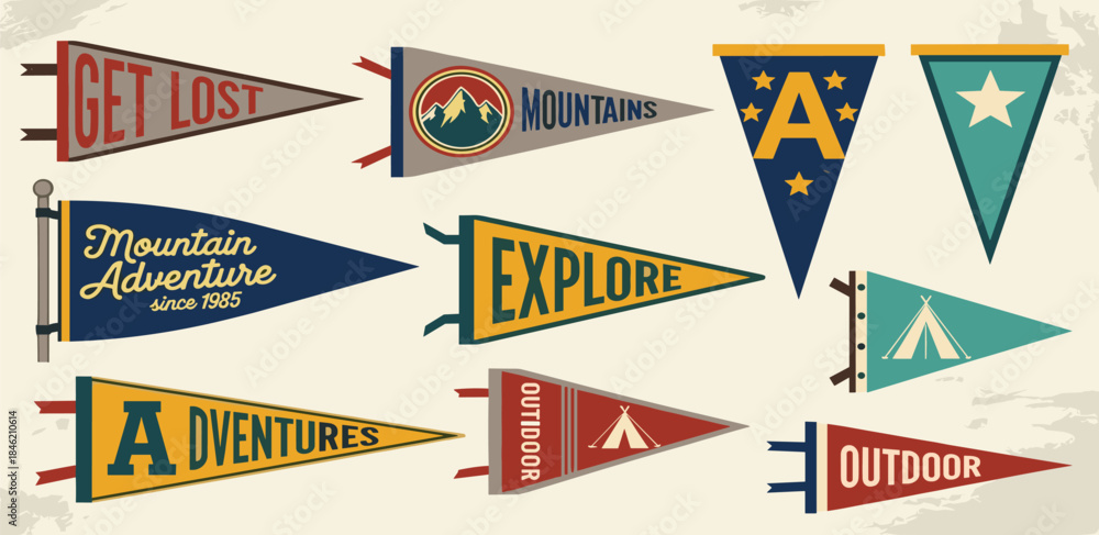 Collection of vintage pennant flags featuring outdoor adventure and ...