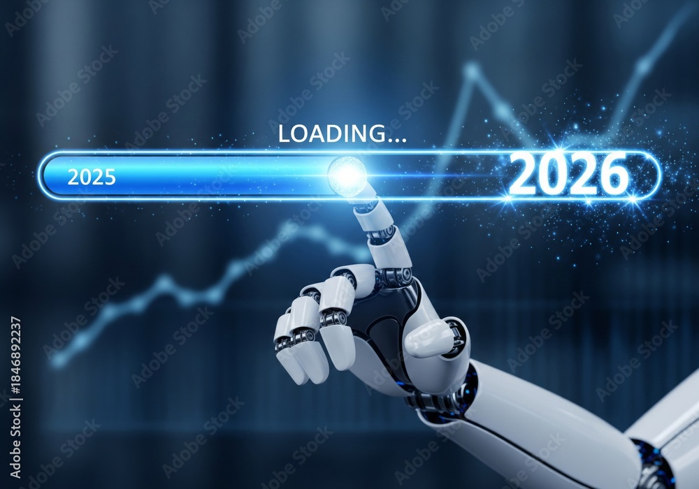 Robotic hand advancing progress bar from 2025 to 2026 symbolizing ...