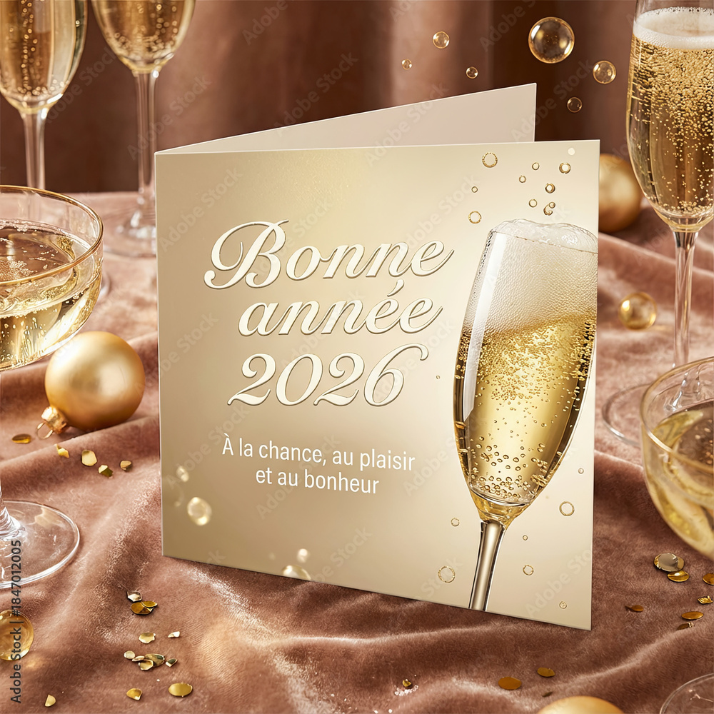 Photo Stock Carte de vœux champagne doré pour souhaiter une bonne année ...