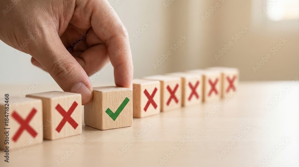 Hand selecting correct choice among incorrect options with wooden ...