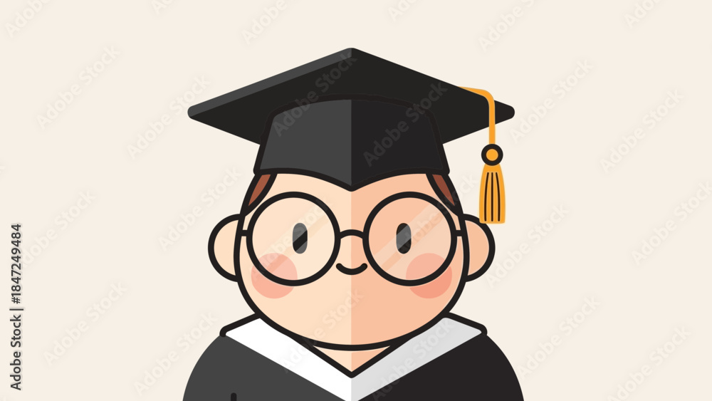 Cute chubby boy graduate student avatar with glasses and cap flat ...