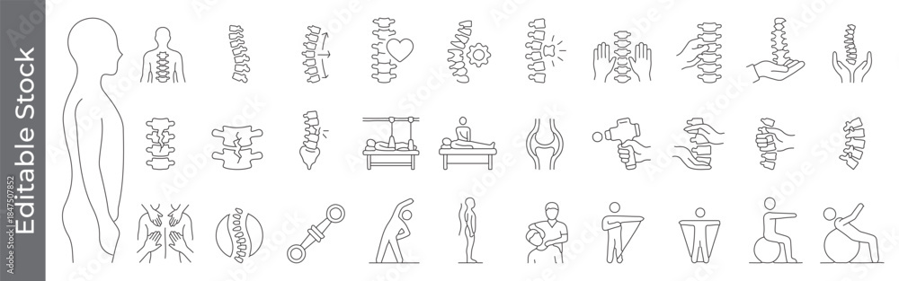 Spine, back pain, broken, fracture and chiropractic icon set – editable ...