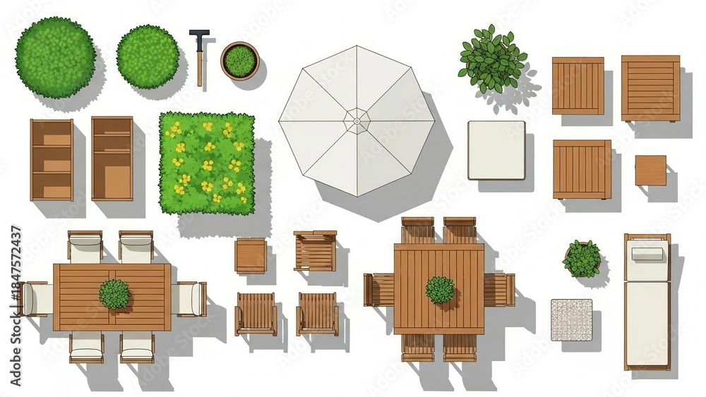 A collection of outdoor furniture and plant vectors in top view for ...