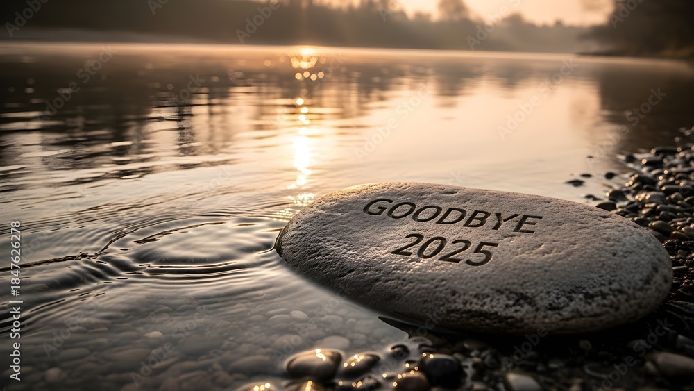 Stock-Foto „Goodbye 2025 stone by water - Farewell 2025, Welcome 2026 ...