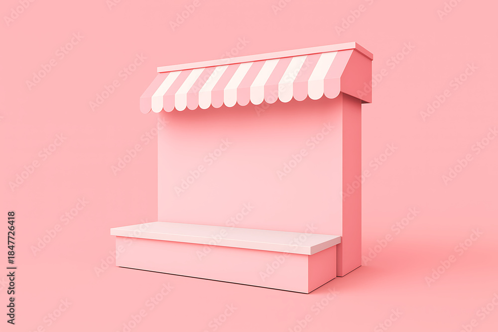 Side view of a pink market stall podium with a striped canopy for ...