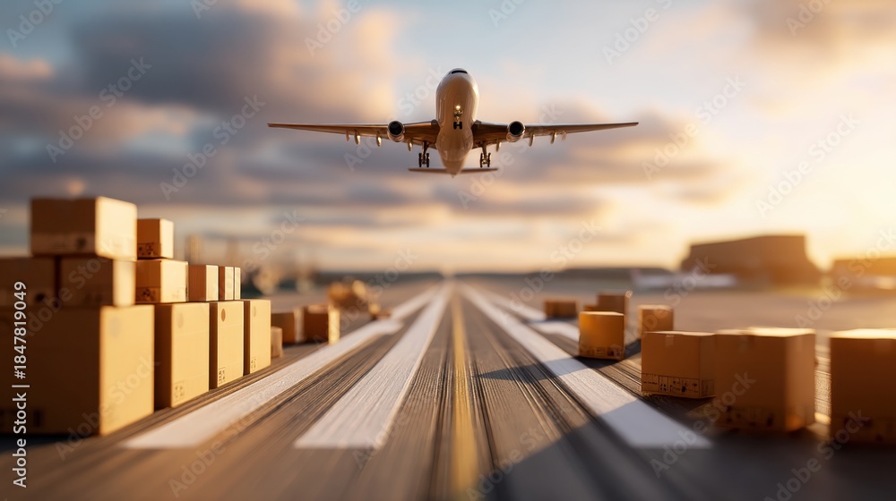 Airplane taking off with cargo boxes on a runway for global shipment ...