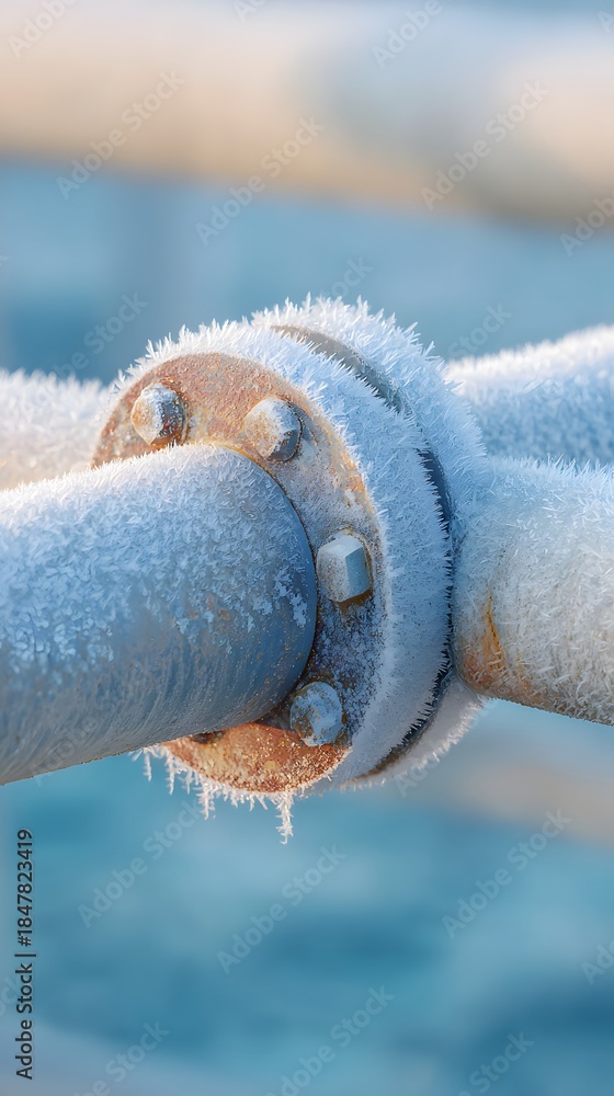 LNG pipe, showcasing frost accumulation at the connection, highlighting ...