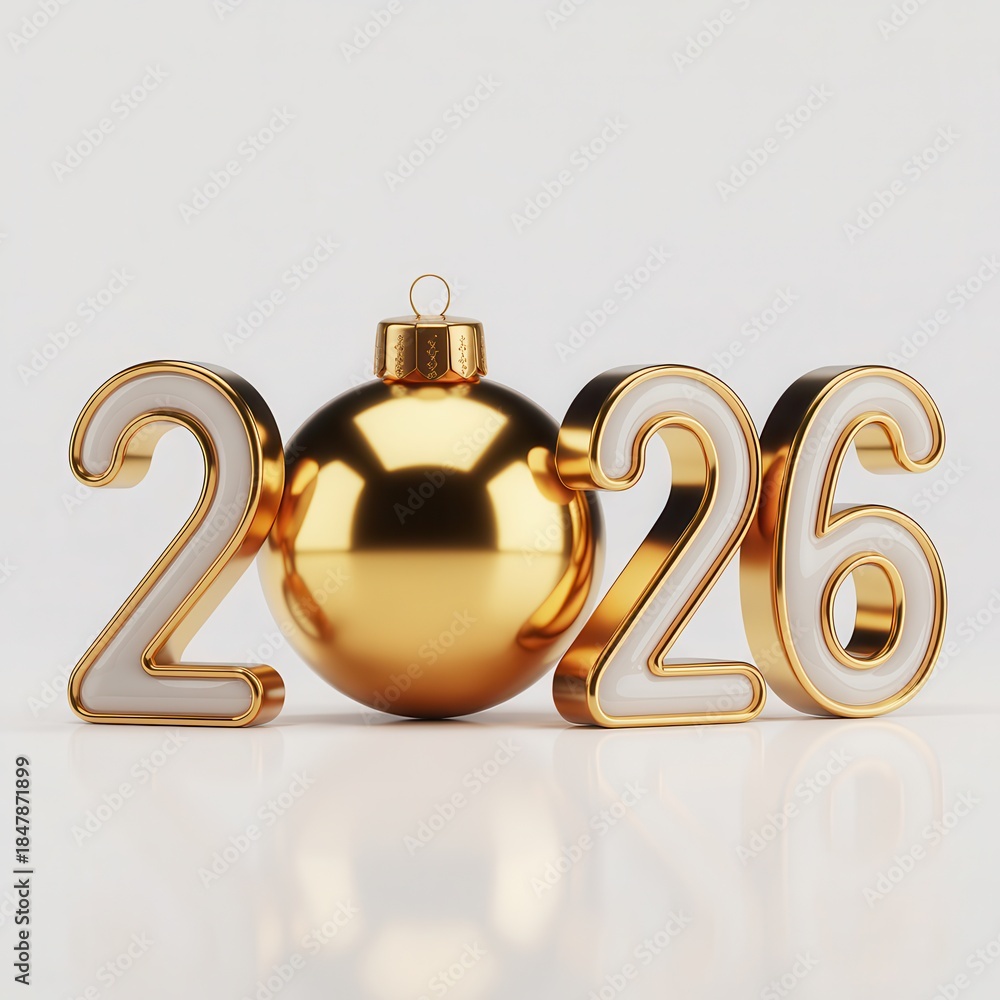 Photo Stock Golden 3d numbers 2026 with a christmas ornament replacing ...
