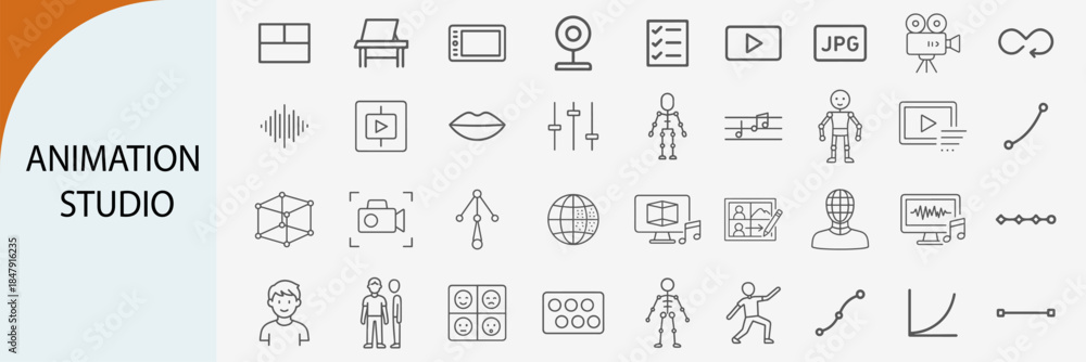 animation studio and video production icons, minimal line vector symbol ...