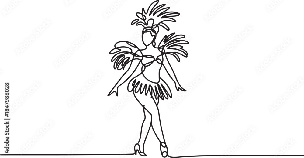 Continuous single line drawing of beautiful samba dancer woman wearing ...