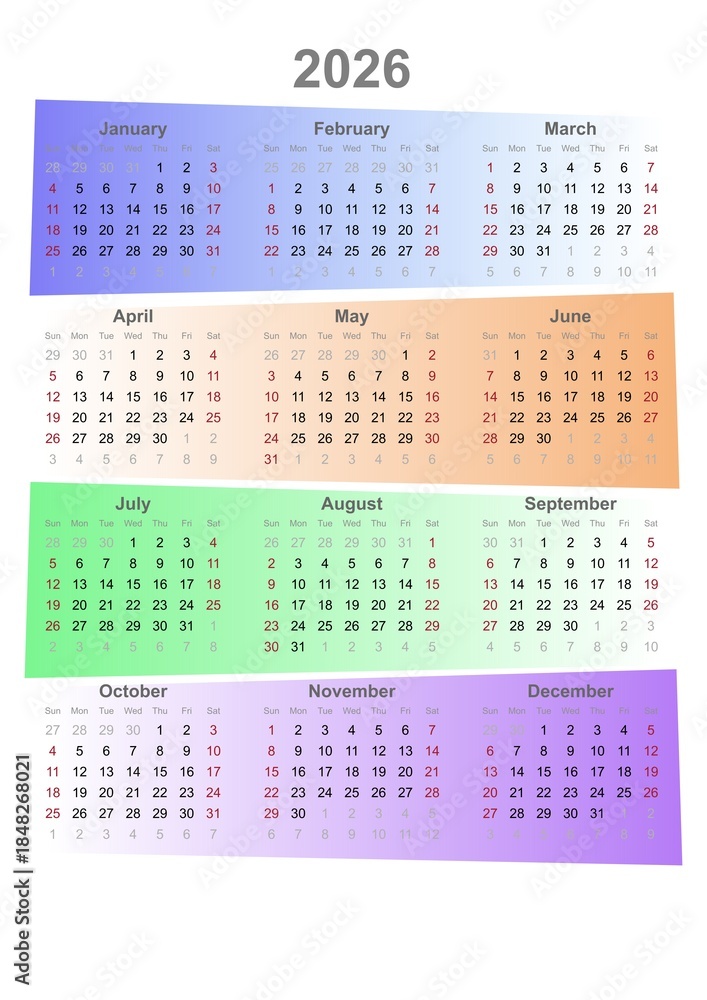 Calendar vector template for 2026 year. Week Starts on Sunday. JPEG ...