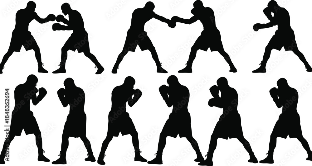 Dynamic boxer silhouette collection showcasing fighting stances ...