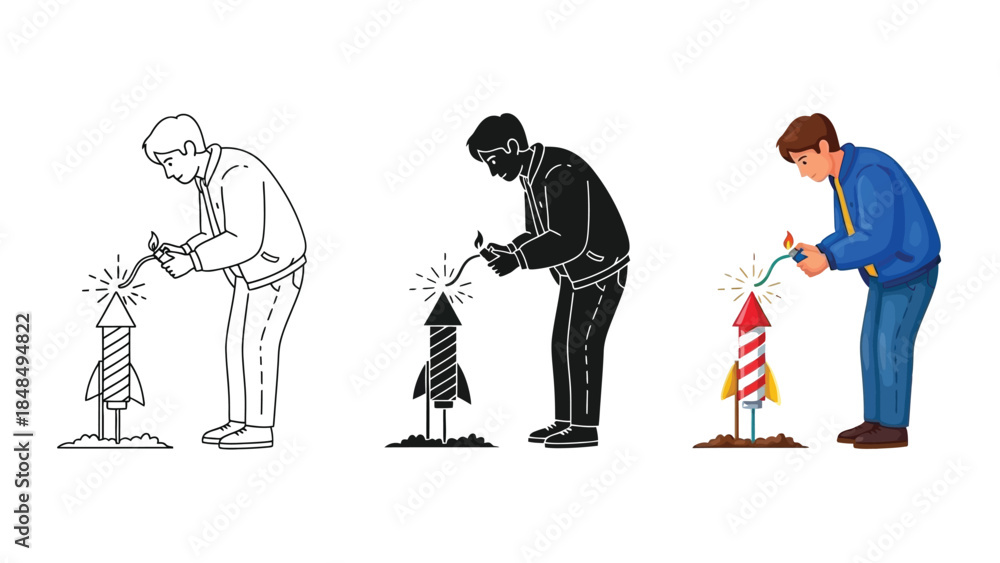 Man lighting a firework rocket with a fuse, shown in three styles ...