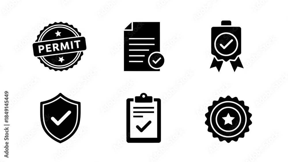 Six various symbols representing approval, permit, and certification ...