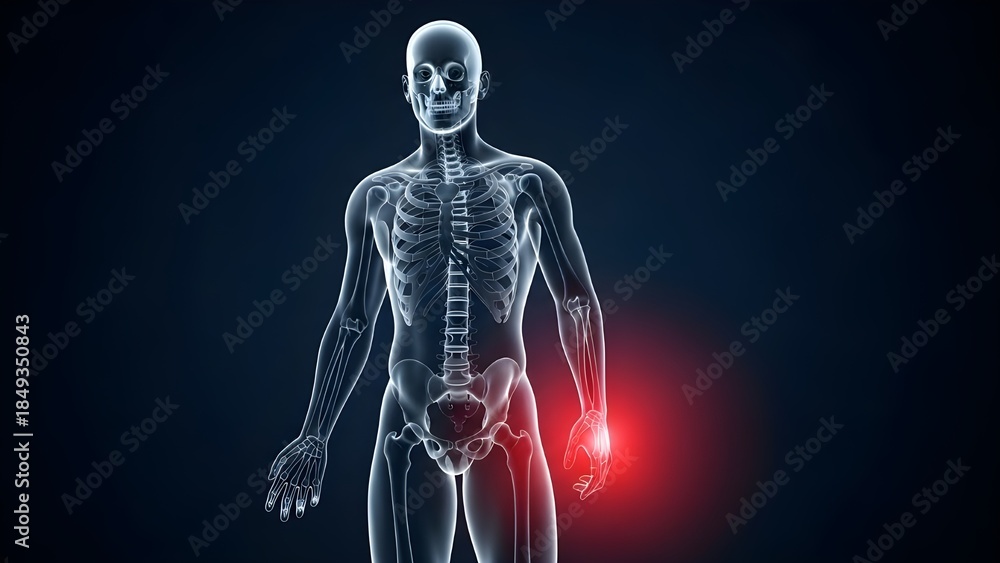 3D medical illustration showing a transparent male arm with a red ...