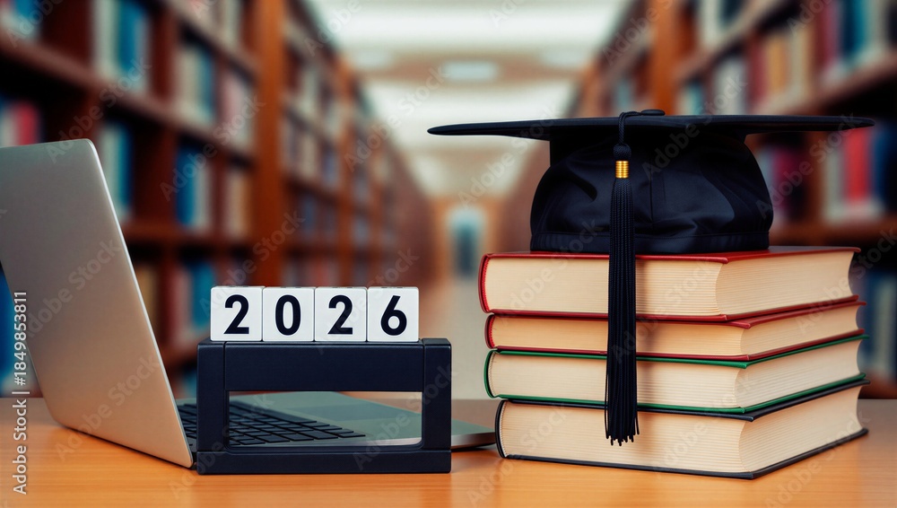 Graduation cap and books with laptop displaying '2026' for future ...