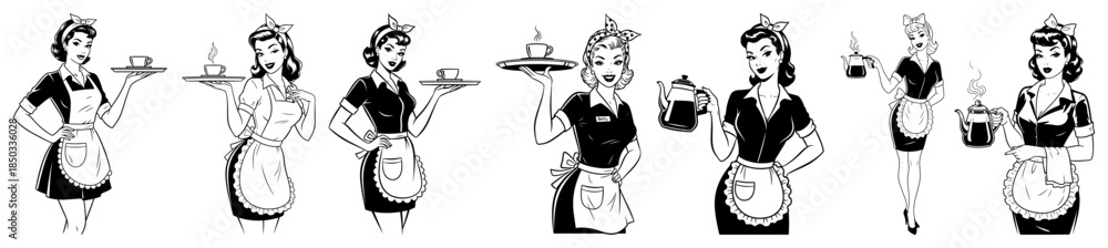 Set of retro waitress and maid characters vector illustration ...