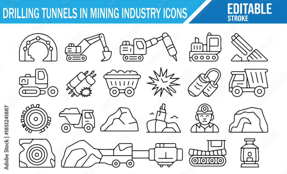 Mining and Tunneling Industry Line Art Icon Set with Editable Stroke の ...