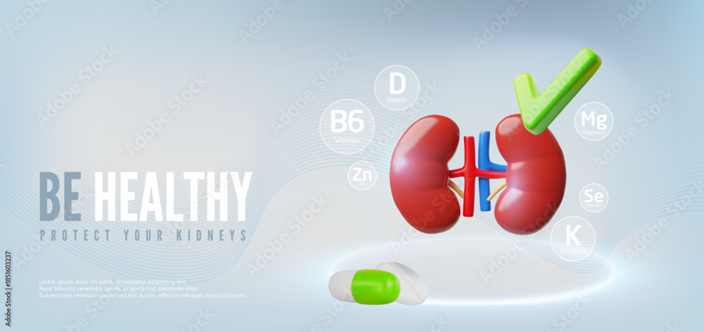 Be healthy protect your kidneys 3D vector banner, kidneys and green ...