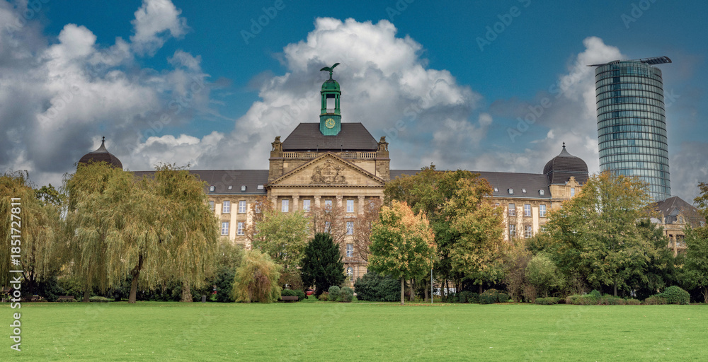 Classic and modern city skyline along the Rhine embankment promenade ...