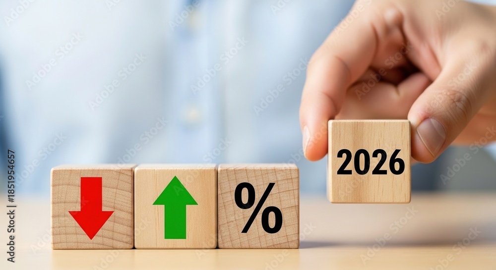 Hand placing 2026 block with growth and decline percentage symbols の ...