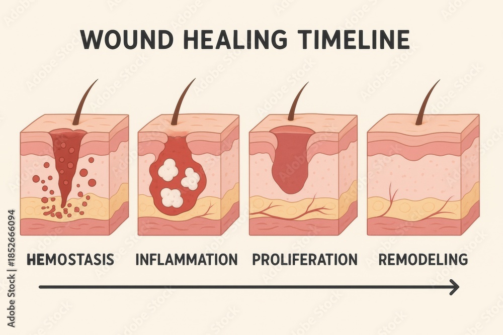 Graphic shows four stages of wound healing process in skin, from ...