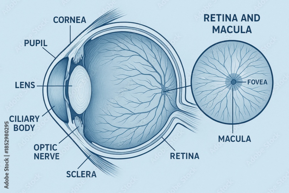 Diagram displays the parts of the human eye with clear labels. It ...