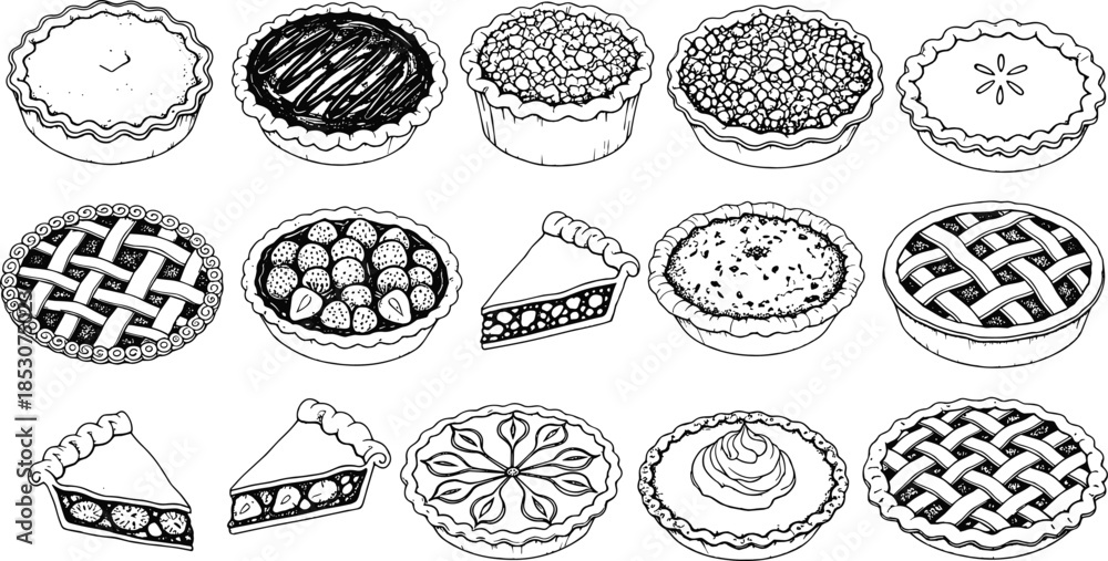 Hand drawn pie illustration set, vintage dessert pastries including ...