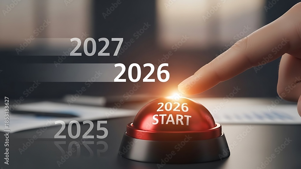 Photo Stock Pressing the Start Button for 2026 A Finger Pushes a Red ...