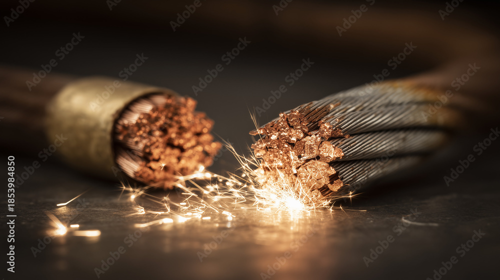 Severed electrical cable with sparks from exposed copper wires. product ...