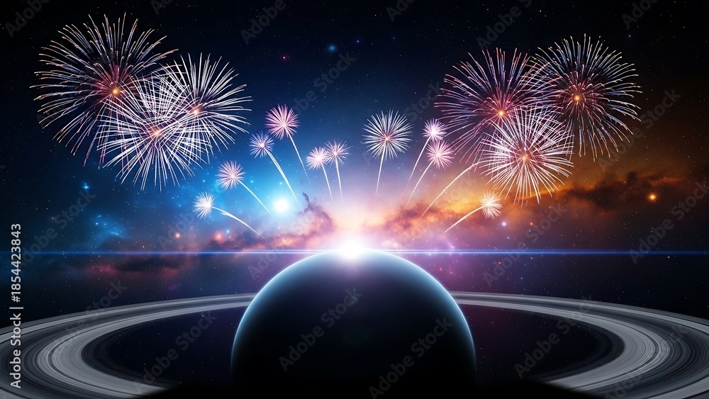 Photo Stock Cosmic Celebration of New Year 2026 with Explosive ...
