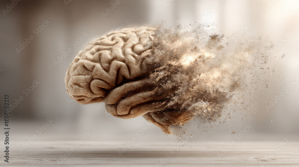 Foto de Stock Human brain disintegrating into dust, symbolizing ...