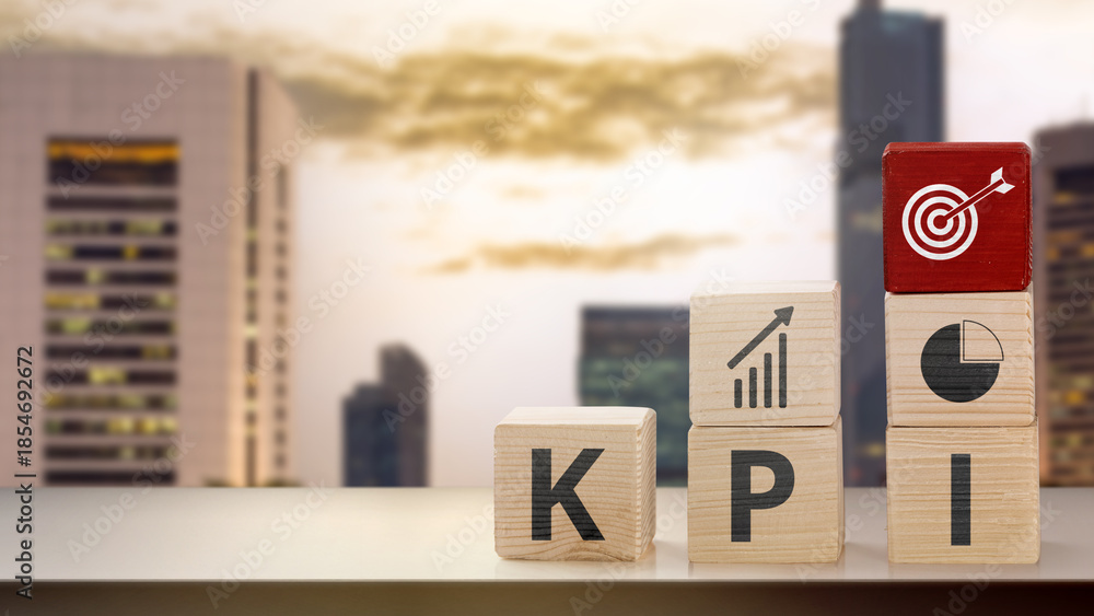 Stacked wooden cube blocks spelling out KPI with target, graph, and pie ...