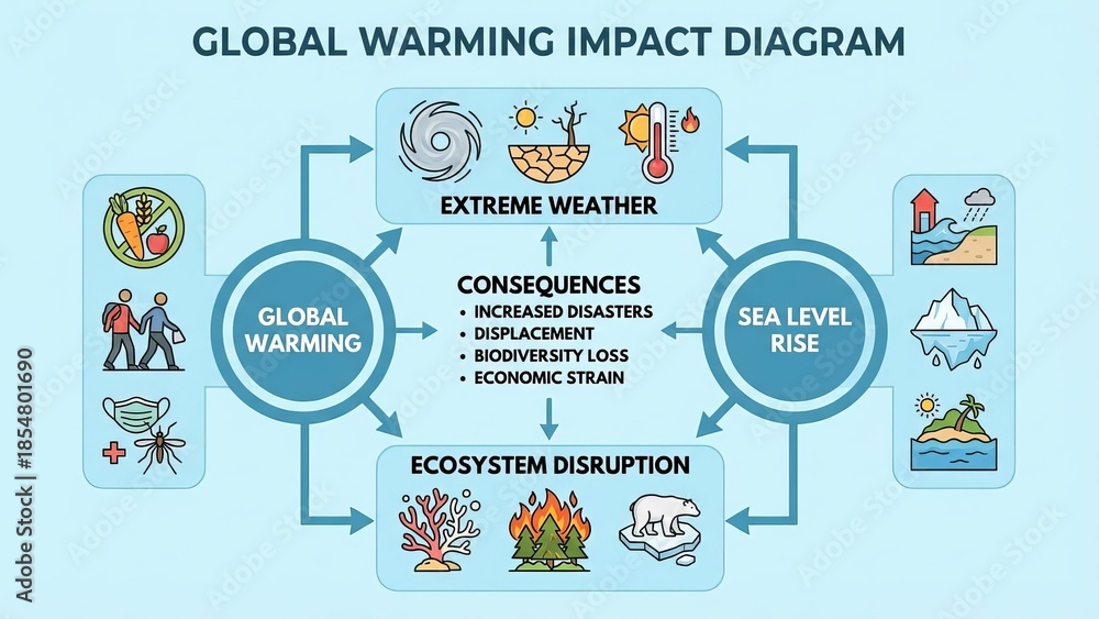 Global warming impact diagram outlining climate change consequences ...