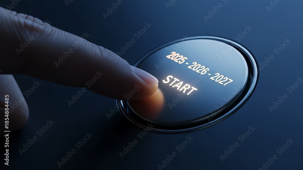 Finger pressing start button for 2025, 2026, 2027 goals の Stock フォト ...