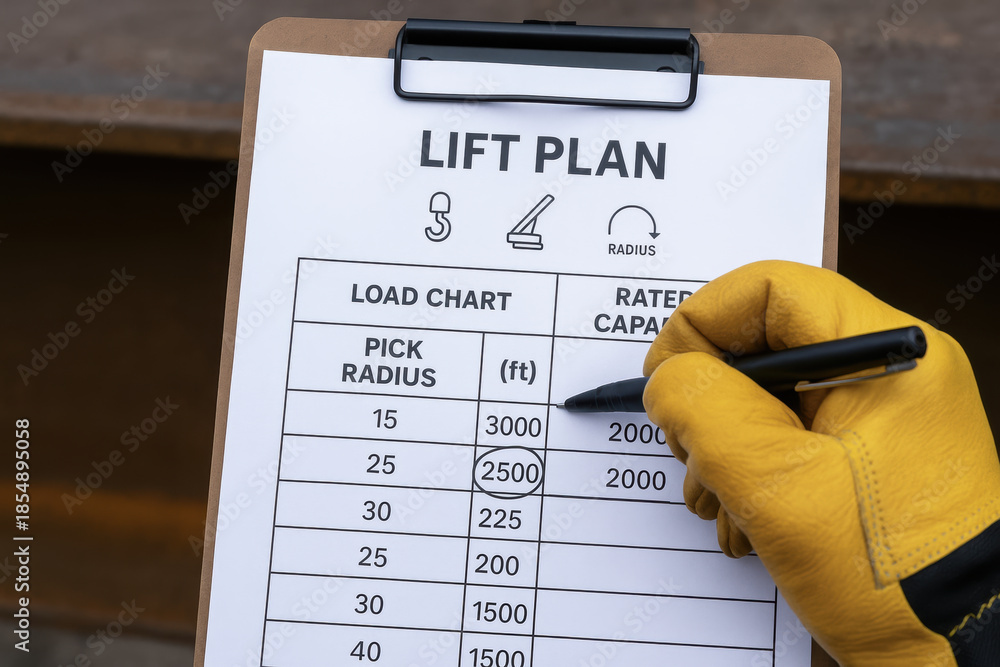 Foto de Stock Lift plan with load chart and pick radius details for ...