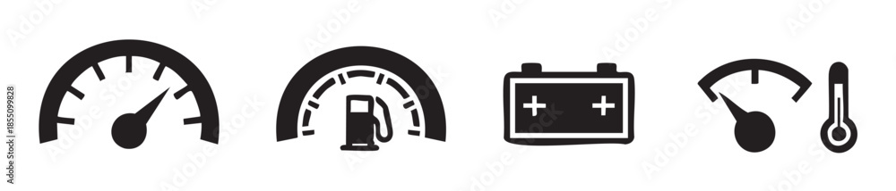 Automotive dashboard gauges and battery indicator icons represent ...