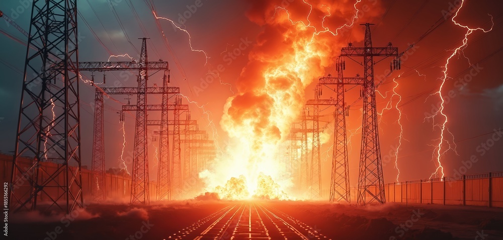 Massive electrical explosion erupts near power line towers. Bright ...