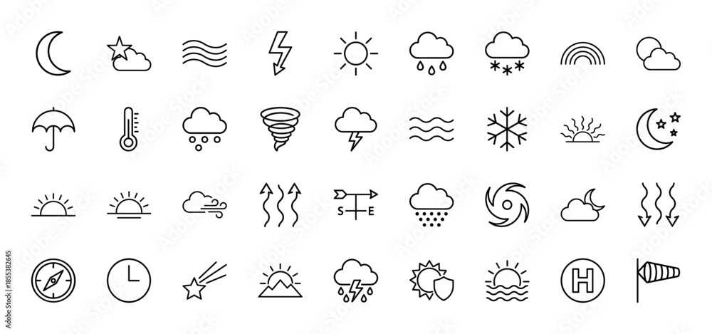Weather and meteorology icon set. Vector pictograms of sun, clouds ...