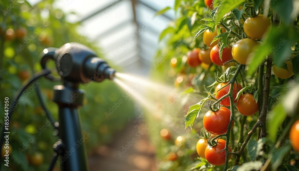 Foto de Stock Automated sprayer mists tomato plants in greenhouse ...